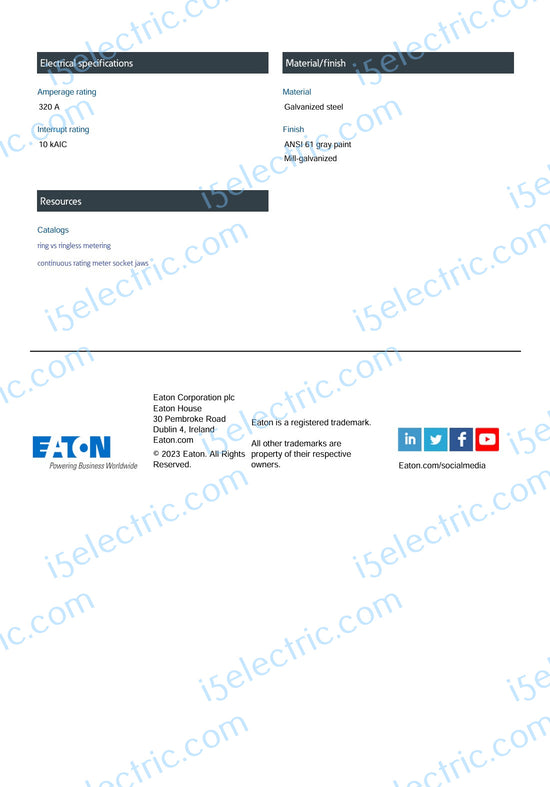 EATON 400 / 320 Amp Meter Main Combo Base / Socket U4042MCC With 2 200 ...