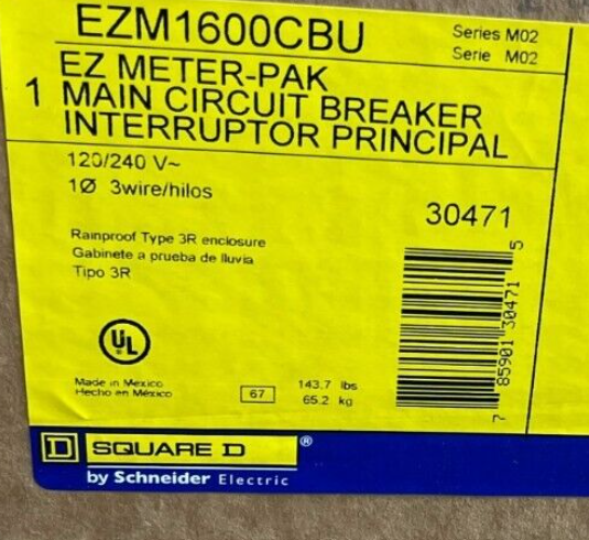 SQUARE D SCHNEIDER EZM1600CBU 600 AMP SINGLE PHASE EZM METER MAIN CIRC ...