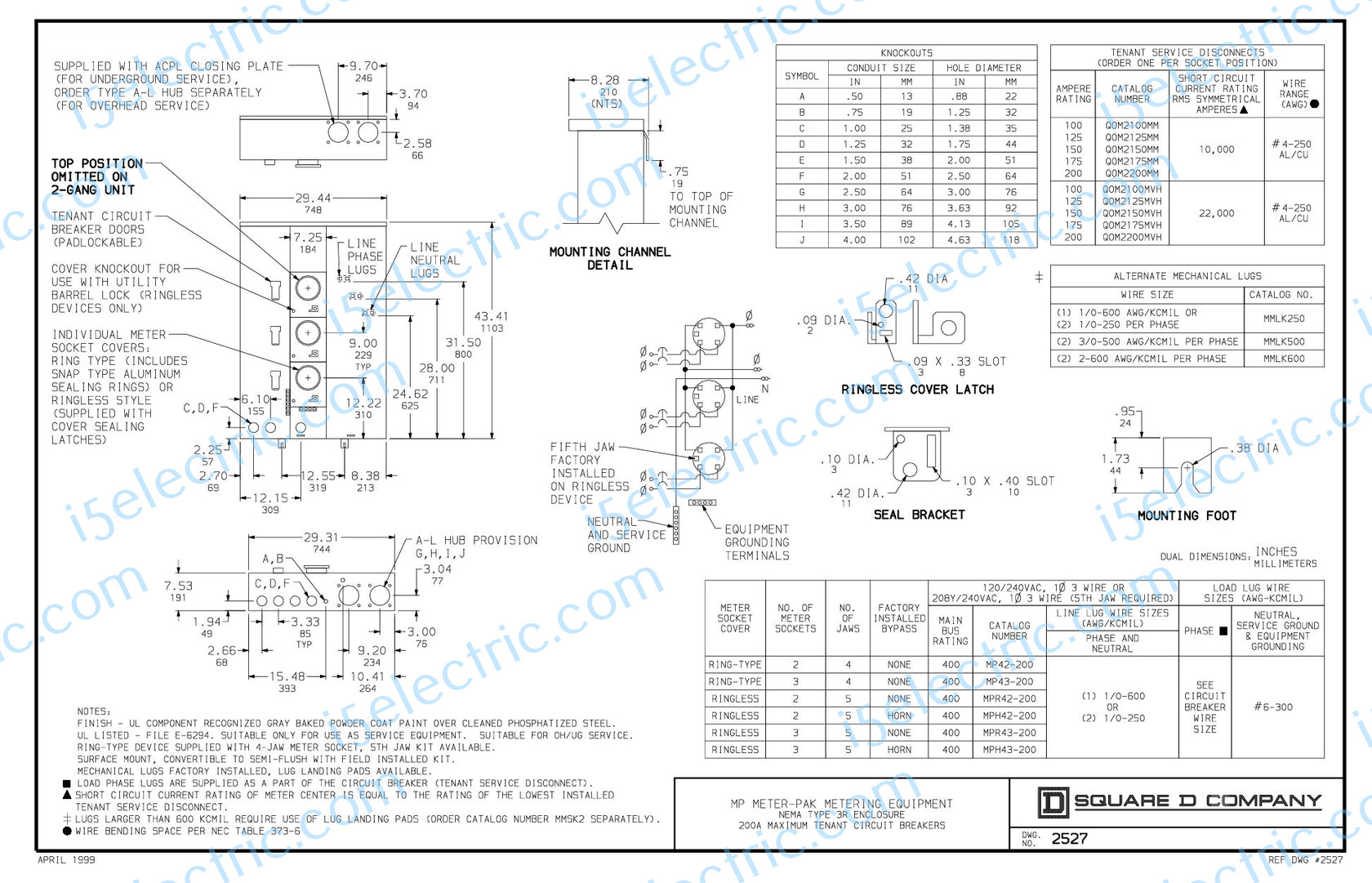 Square D MP42200 400 Amp w/2 Gang / Position 200A Meter Socket EUSERC ...